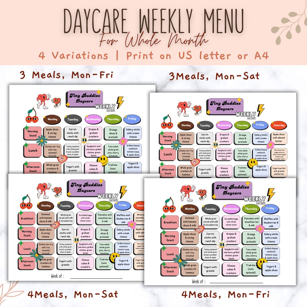 Colorful Retro Style Daycare Menu Template, Printable Meal Planner for ...