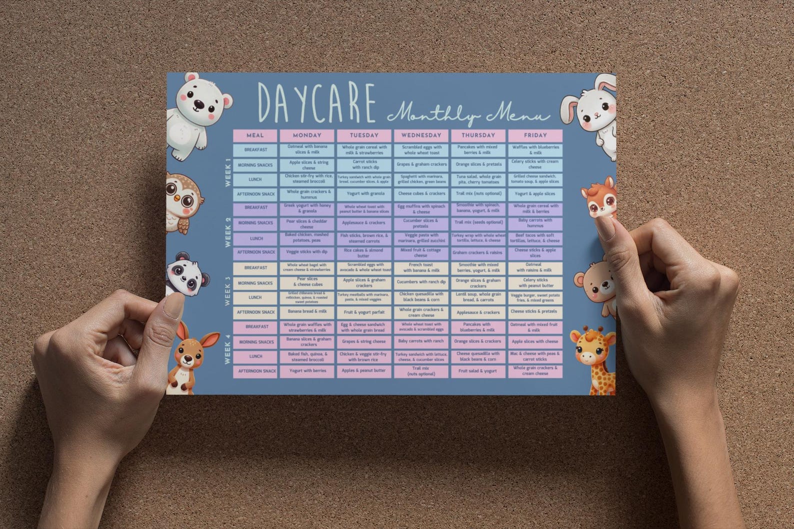 Daycare Monthly Menu Template, Cute Animals Theme Printable Meal ...