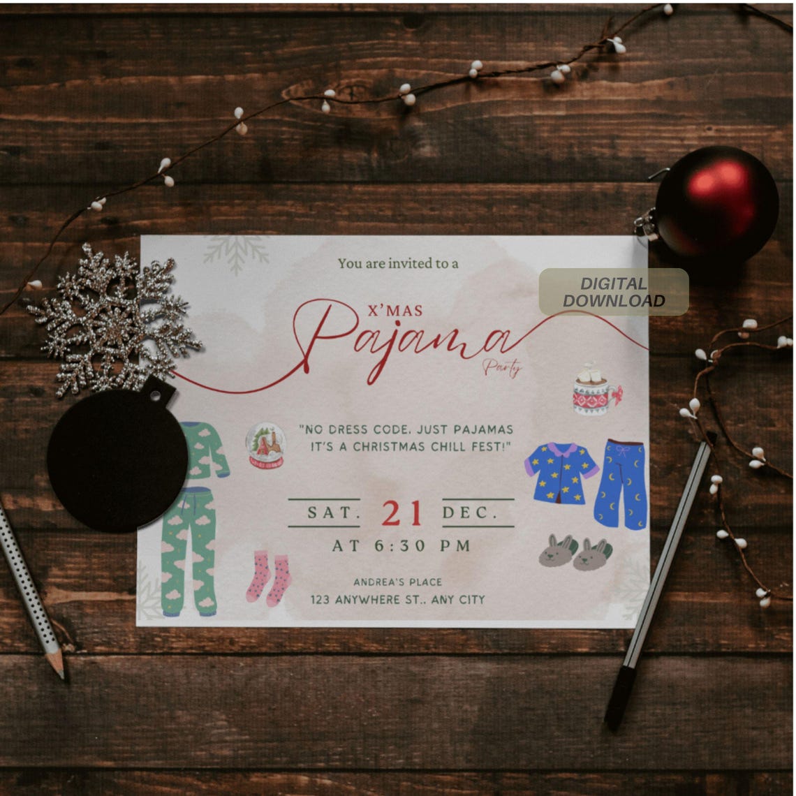 Christmas Pajama Party Invitation Canva Template | Pajama Party ...