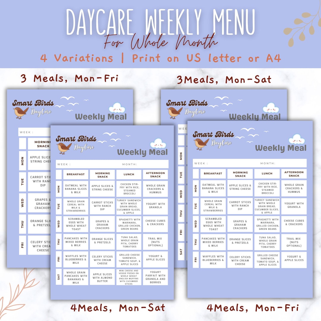 Daycare Menu, Printable Meal Planner for Kids, EDITABLE Printable ...