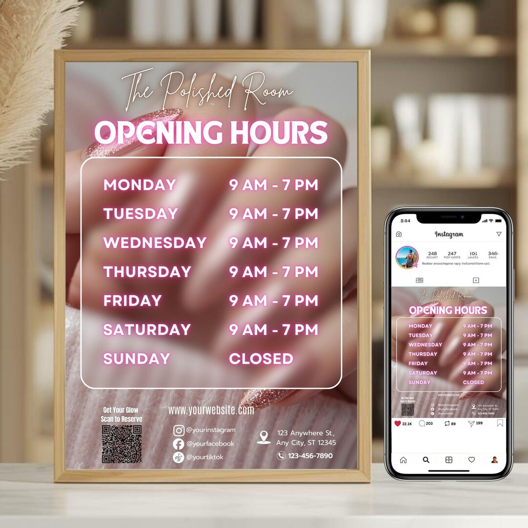 Nail Salon Opening Hours Sign Canva Template, Pink Business Time Poster ...