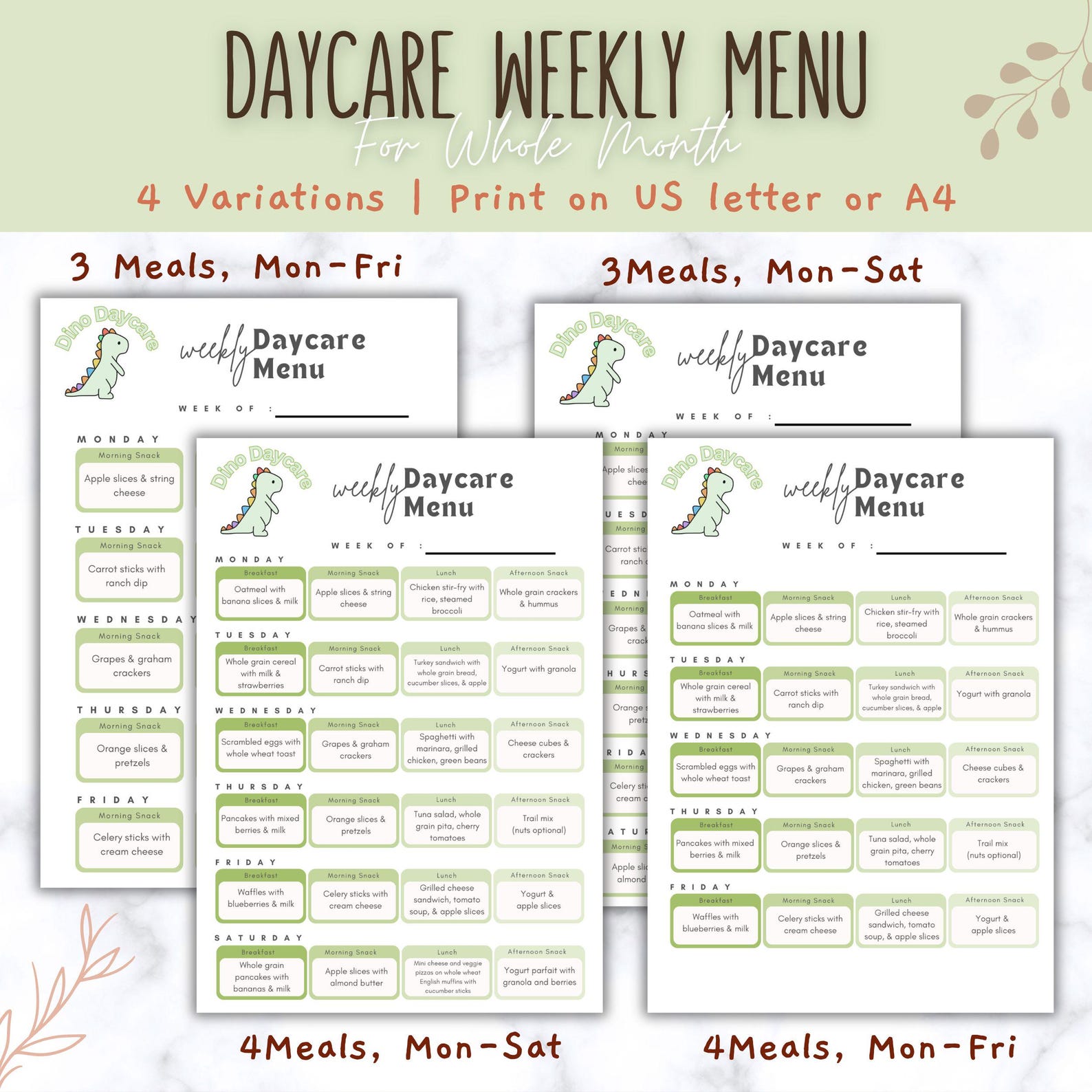 Daycare Menu Template, Printable Meal Planner for Kids, EDITABLE ...