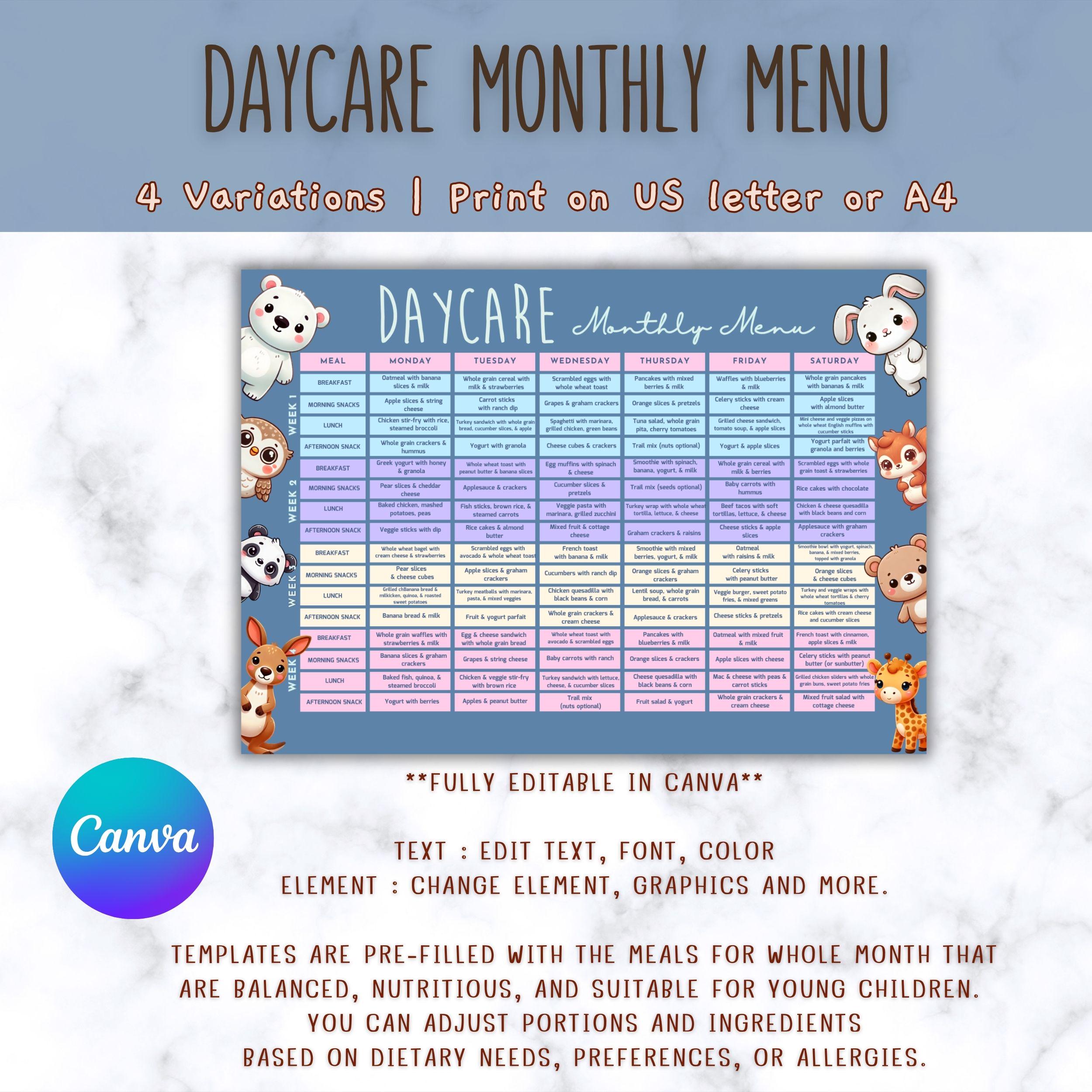 Daycare Monthly Menu Template, Cute Animals Theme Printable Meal ...