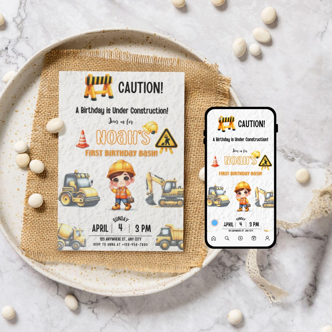 Construction Birthday Invitation Template, Editable Party Invite, Kids ...