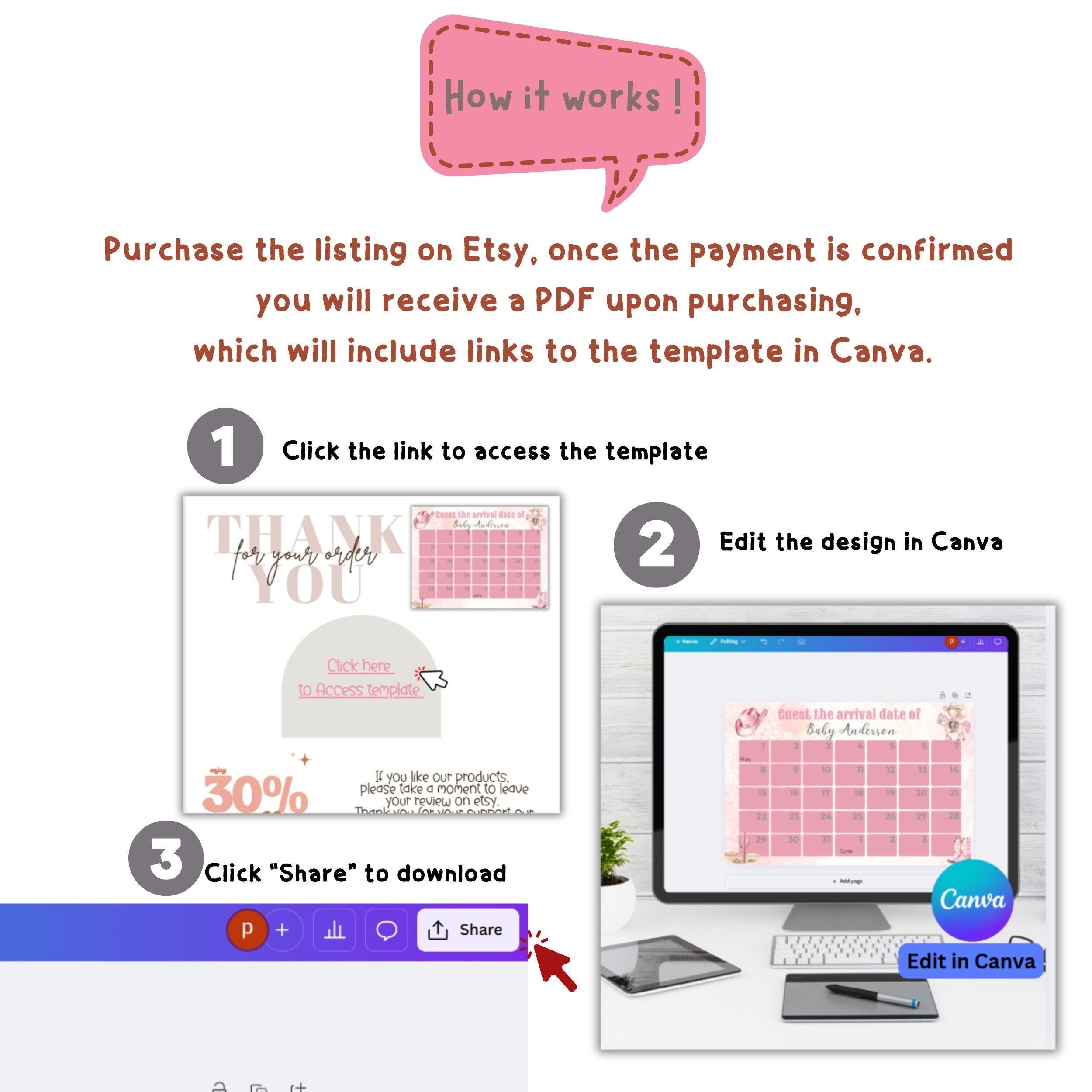 Cowgirl Baby Due Date Calendar Canva Template, Western Baby Shower Game ...