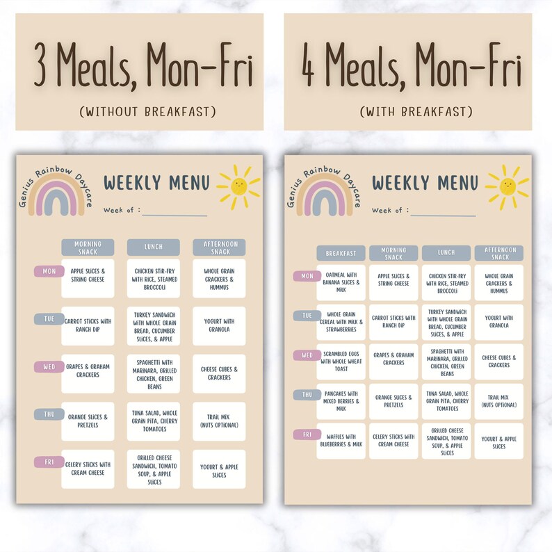 Daycare Menu Template, Printable Meal Planner for Kids, EDITABLE ...