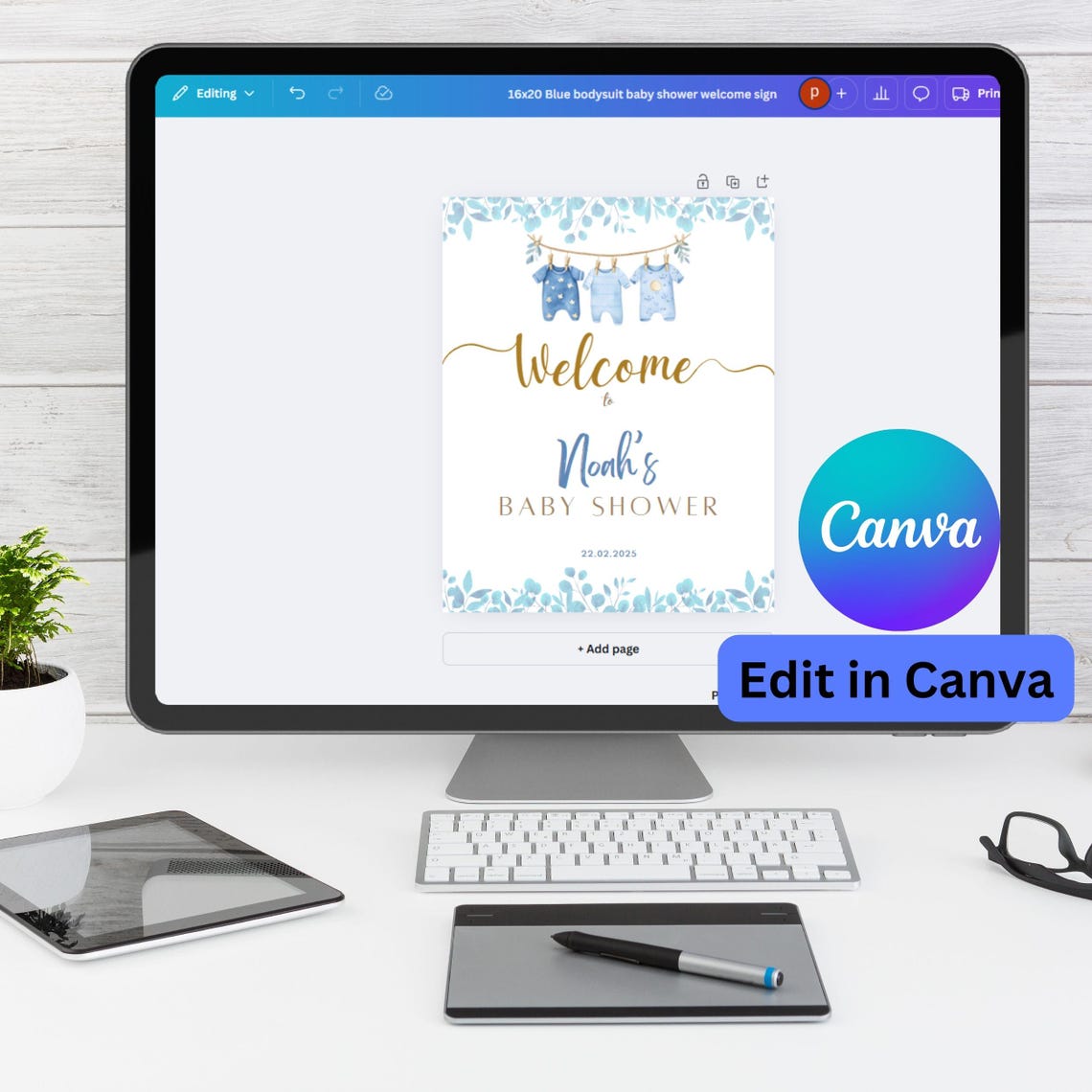 Editable Baby Shower Welcome Sign Template, Blue Baby Outfit Theme ...