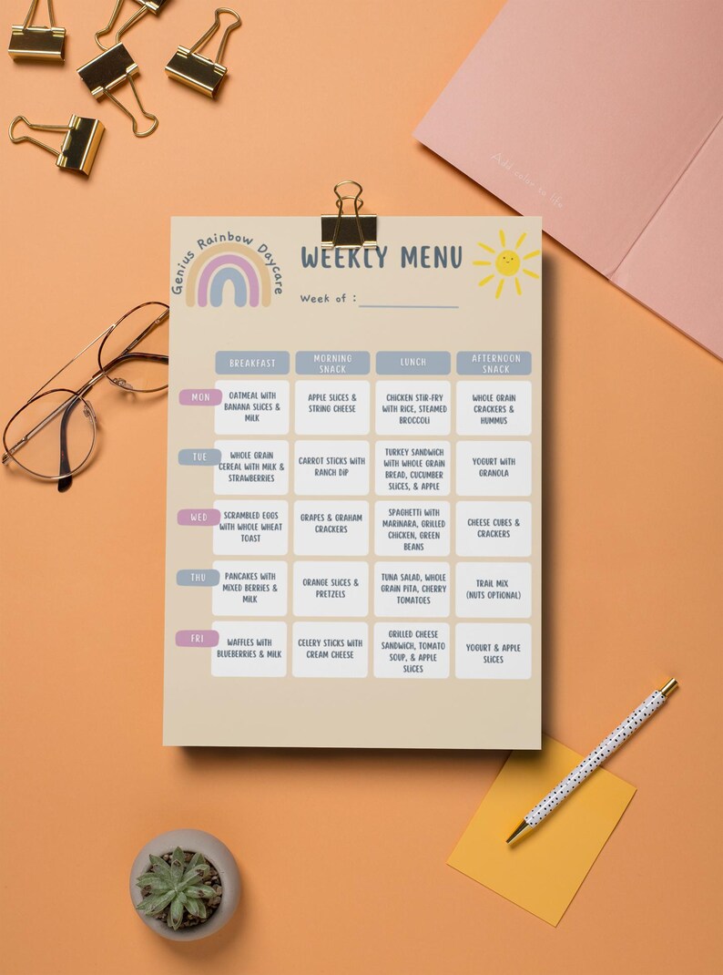 Daycare Menu Template, Printable Meal Planner for Kids, EDITABLE ...