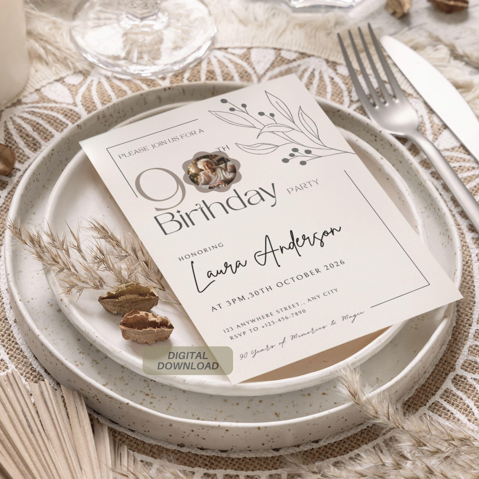Minimalist 90th Birthday Invite Canva Template | Birthday Party Card ...