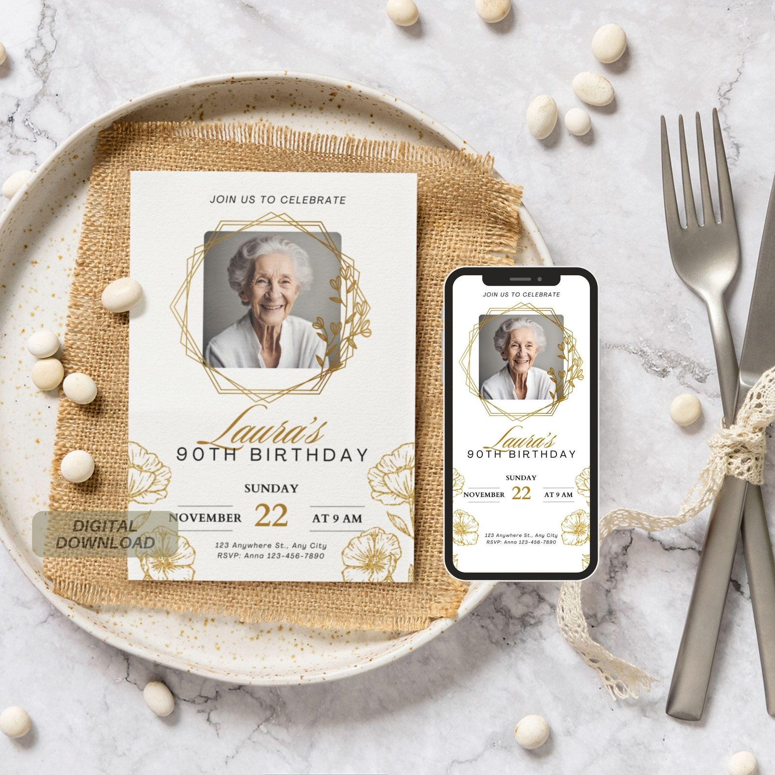 90th Birthday Invitation Template - White and Gold Floral Design ...