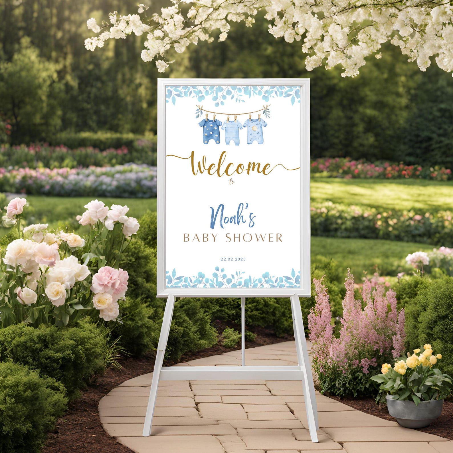 Editable Baby Shower Welcome Sign Template, Blue Baby Outfit Theme ...