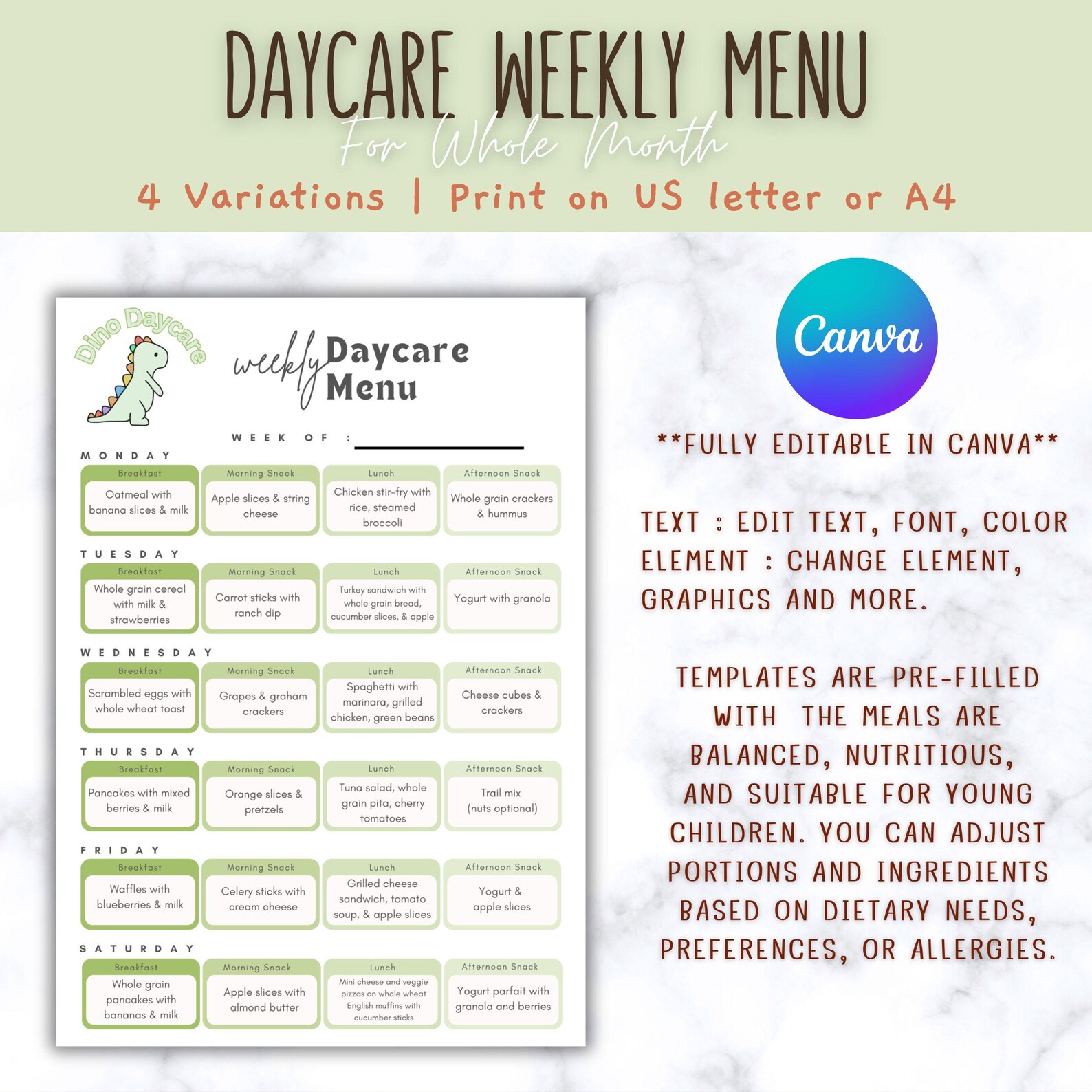Daycare Menu Template, Printable Meal Planner for Kids, EDITABLE ...