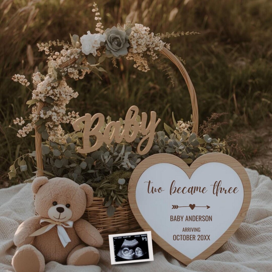 Two Became Three Pregnancy Announcement Canva Template | Editable Boho ...