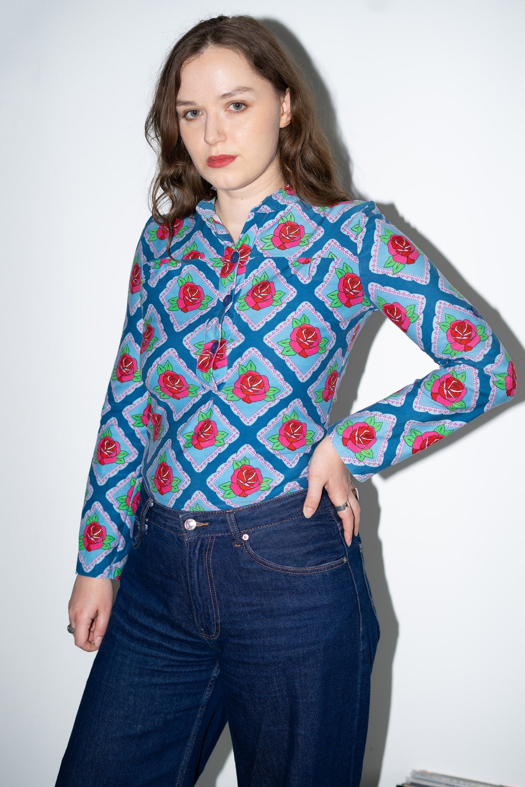 Vintage Red Rose Blouse, Floral Shirt Size M - Etsy