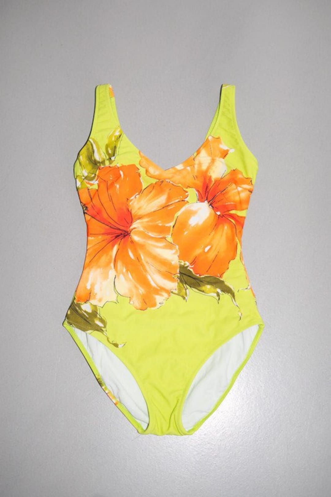 Neon Green Floral Swimsuit, One Piece Orange Flower Bathing Suit 90s ...