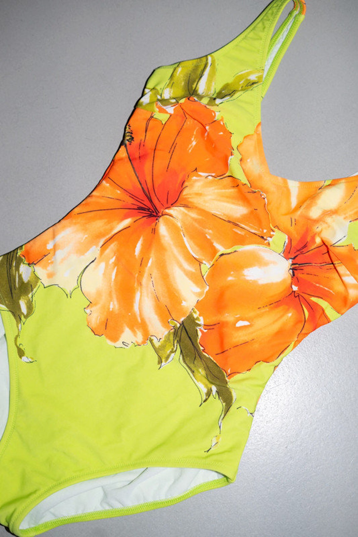 Neon Green Floral Swimsuit, One Piece Orange Flower Bathing Suit 90s ...