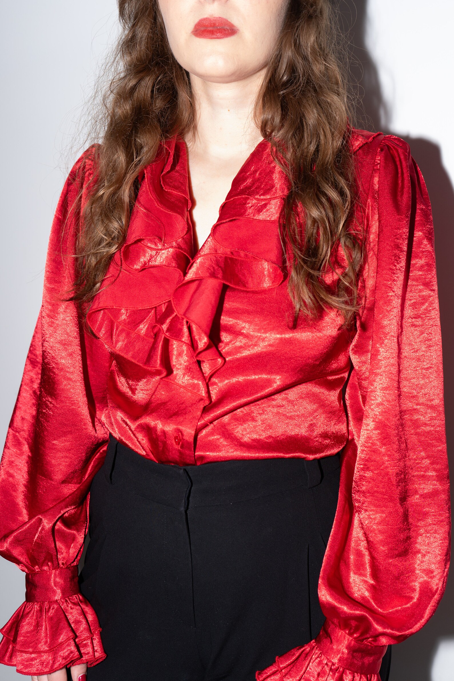 Vintage Red Satin Ruffled Blouse, Elegant Button up Shirt Size M - Etsy