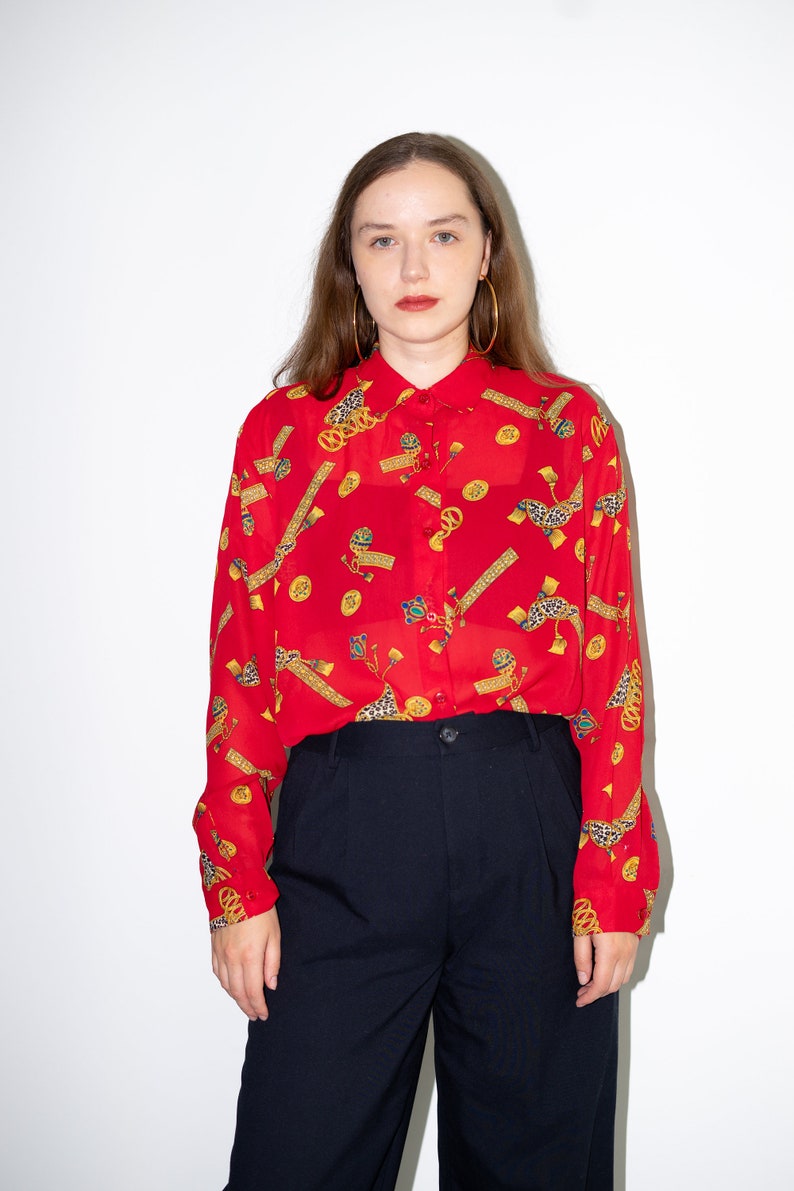Vintage Red Baroque Pattern Blouse, Button up Chic Shirt - Etsy