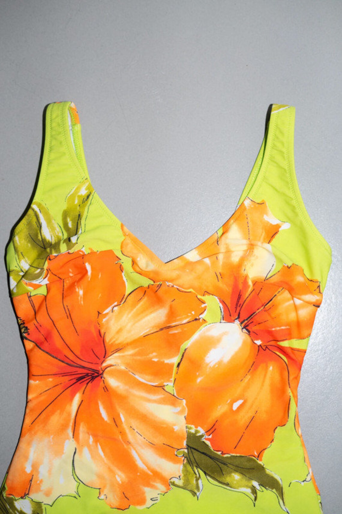 Neon Green Floral Swimsuit, One Piece Orange Flower Bathing Suit 90s ...