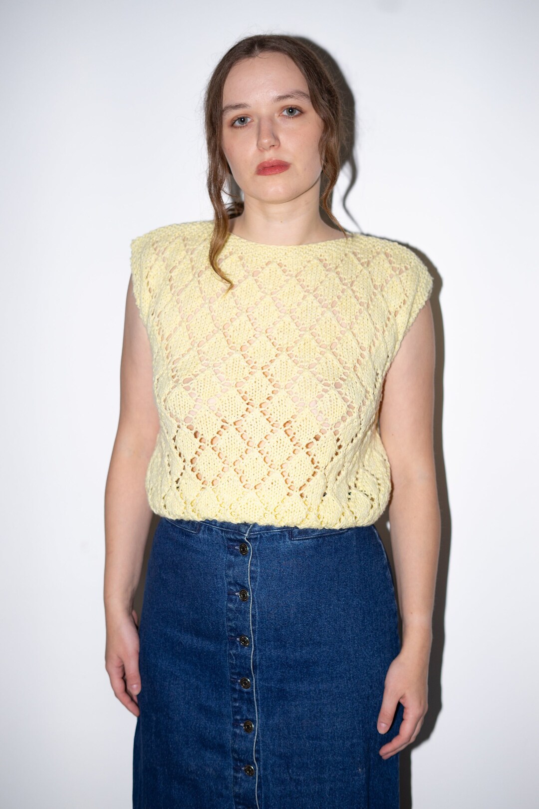 Vintage Yellow Knit Vest, Handmade Sleeveless Sweater - Etsy
