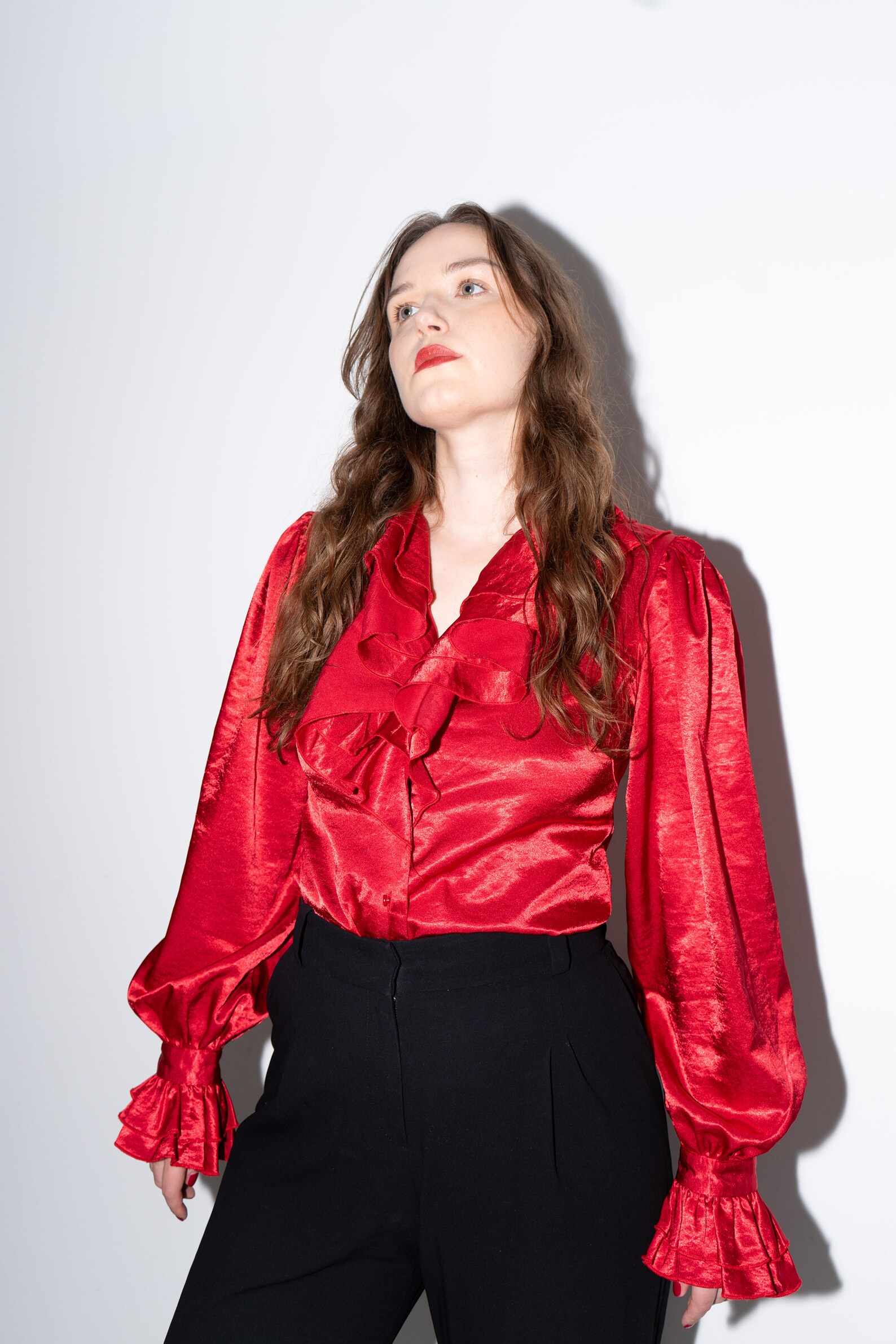 Vintage Red Satin Ruffled Blouse, Elegant Button up Shirt Size M - Etsy