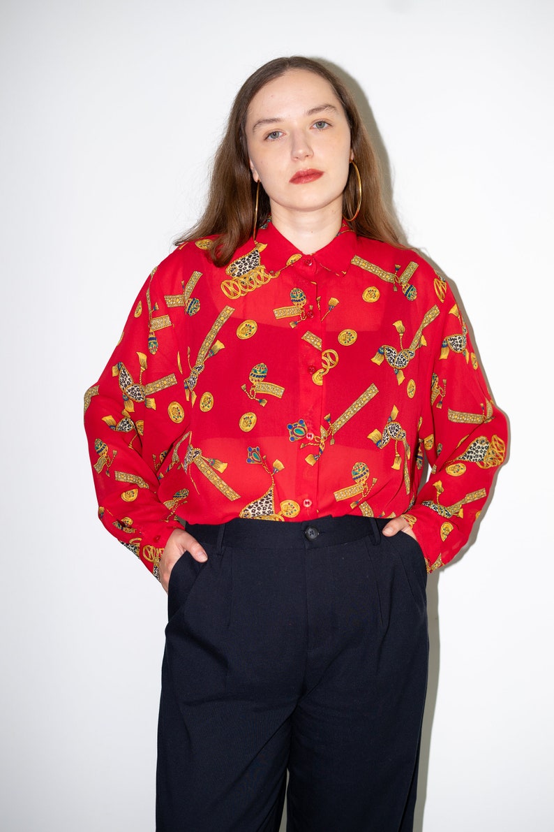 Vintage Red Baroque Pattern Blouse, Button up Chic Shirt - Etsy