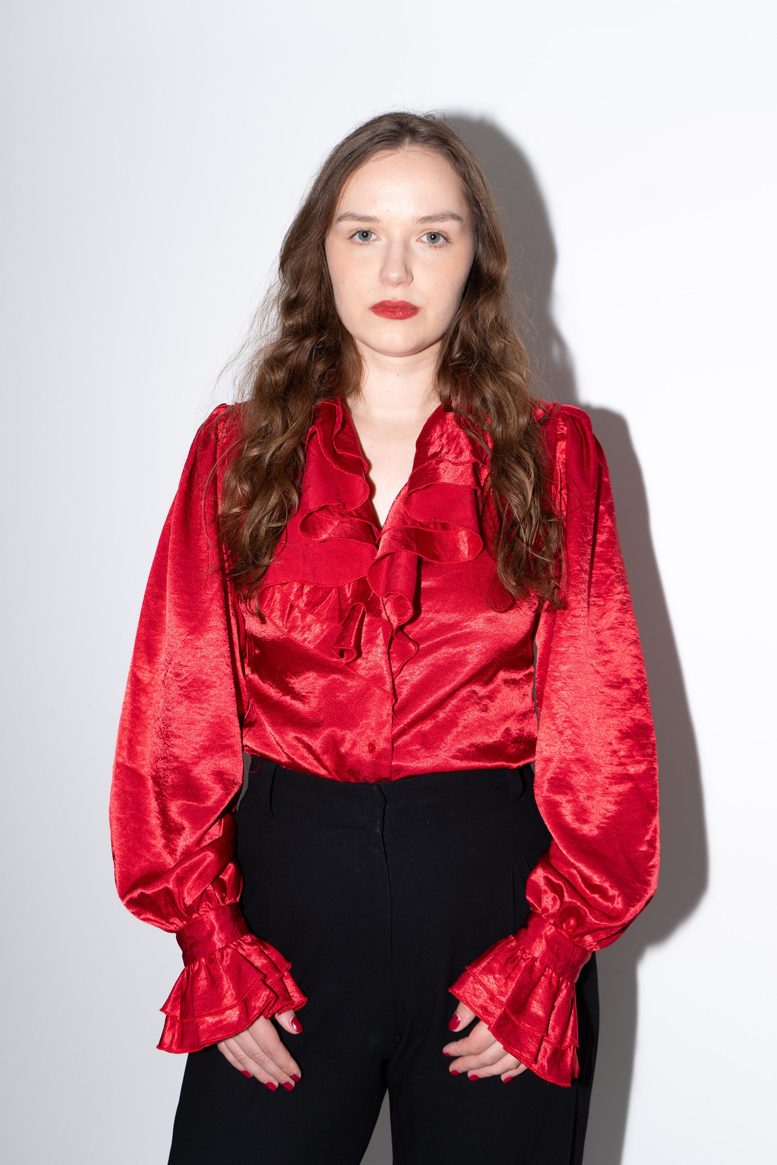 Vintage Red Satin Ruffled Blouse, Elegant Button up Shirt Size M - Etsy