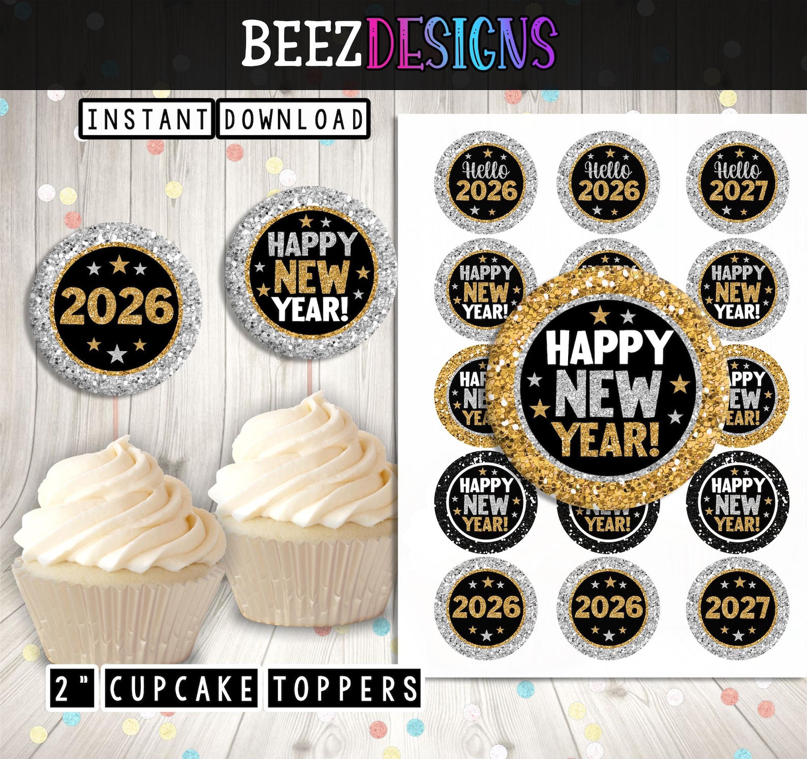 Happy New Year PRINTABLE 2 Inch Cupcake Toppers INSTANT DOWNLOAD - Etsy
