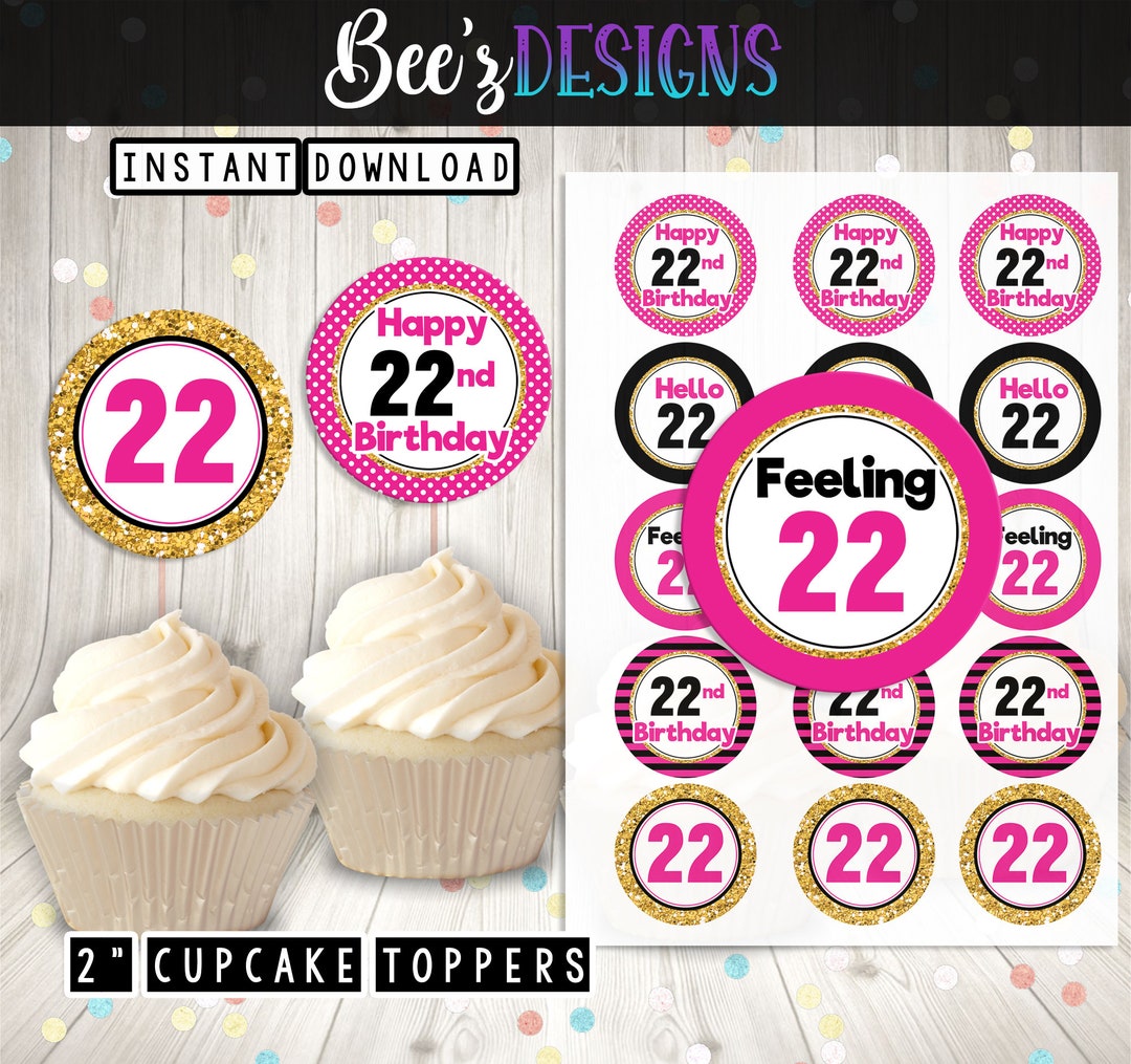 22nd Birthday Black Pink PRINTABLE 2 Inch Cupcake Toppers JPEG - Etsy