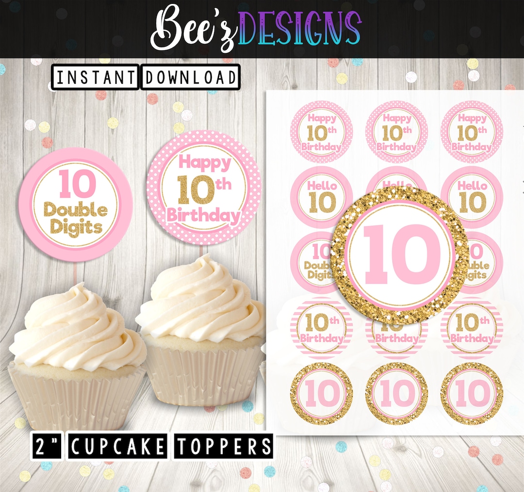10th Birthday PRINTABLE 2 Inch Cupcake Toppers JPEG - Etsy