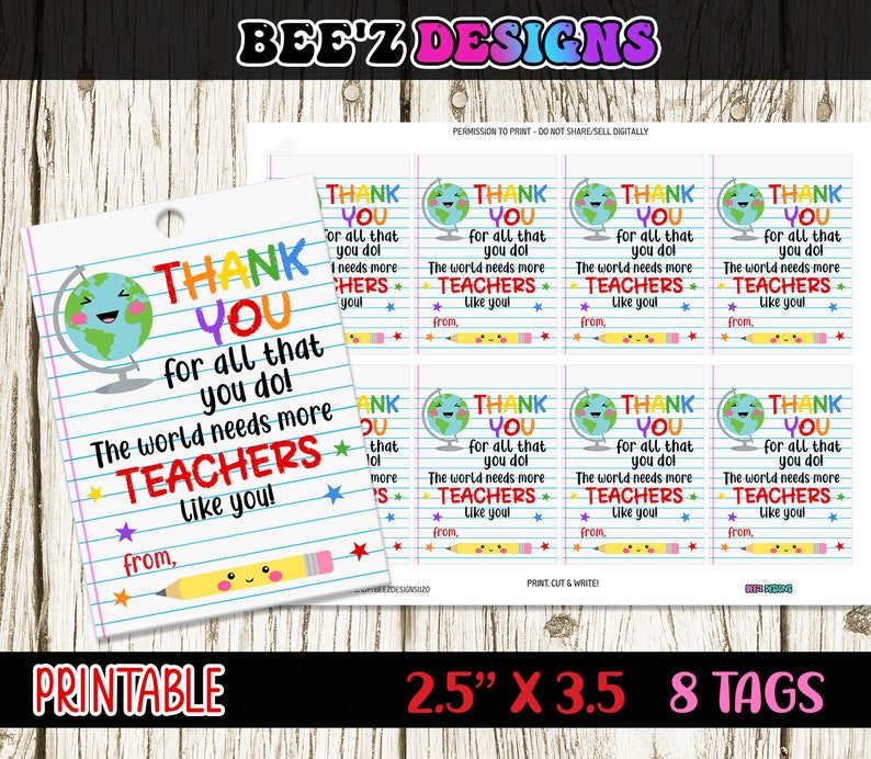 PRINTABLE Teacher Appreciation Gift Tags Last Day of School - Etsy