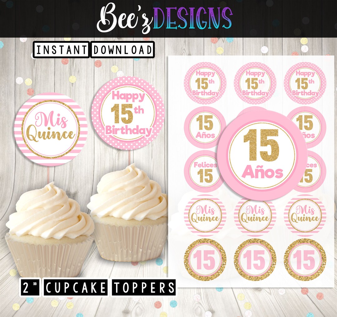 15th Birthday Quince Anos PRINTABLE 2 Inch Cupcake Toppers JPEG - Etsy