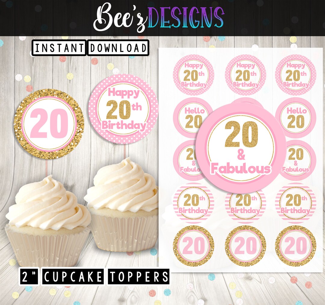 20th Birthday PRINTABLE 2 Inch Cupcake Toppers JPEG - Etsy