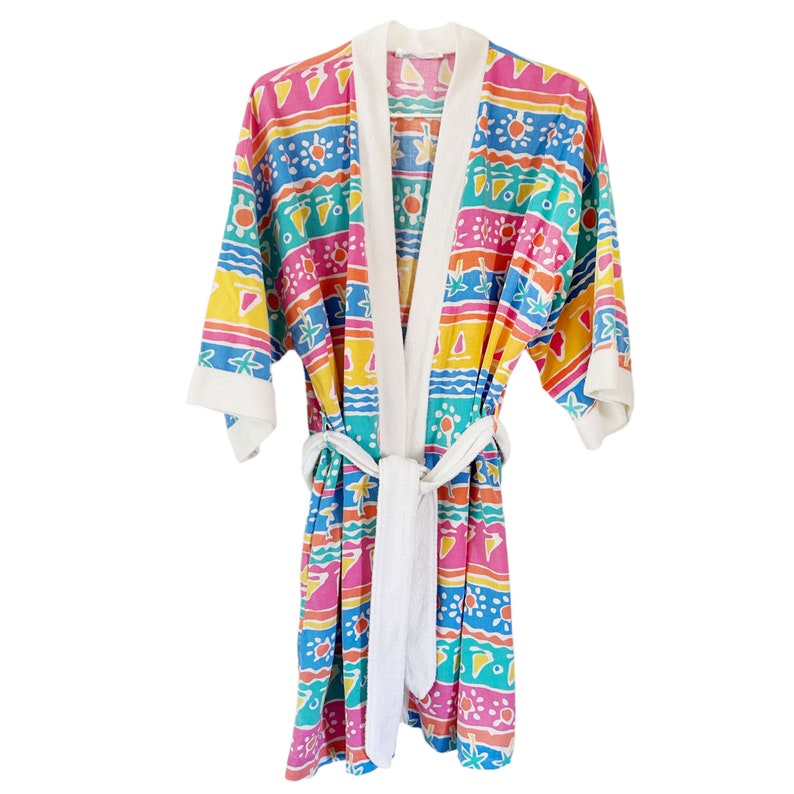 1980s Vibrant Rainbow Striped Pool Robe, Cotton + Terrycloth Trim ...