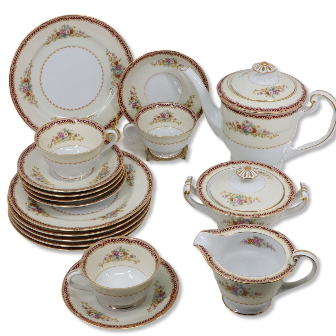 18pc Rose China Japan Tea Set Service RO6 Pattern Maroon Gold 1940's - Etsy