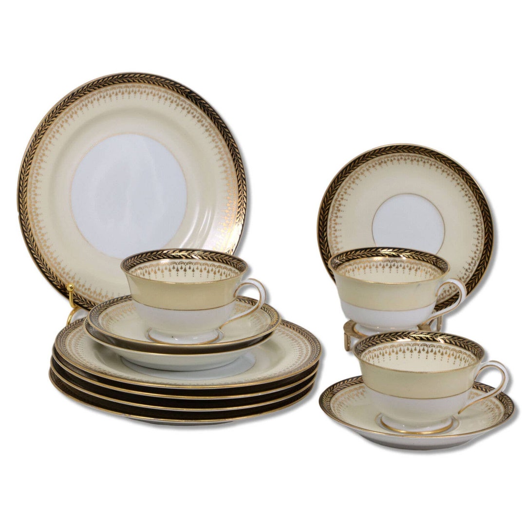 10pc Noritake Goldbeam China Tea Luncheon Set Black Cream Gold - Etsy