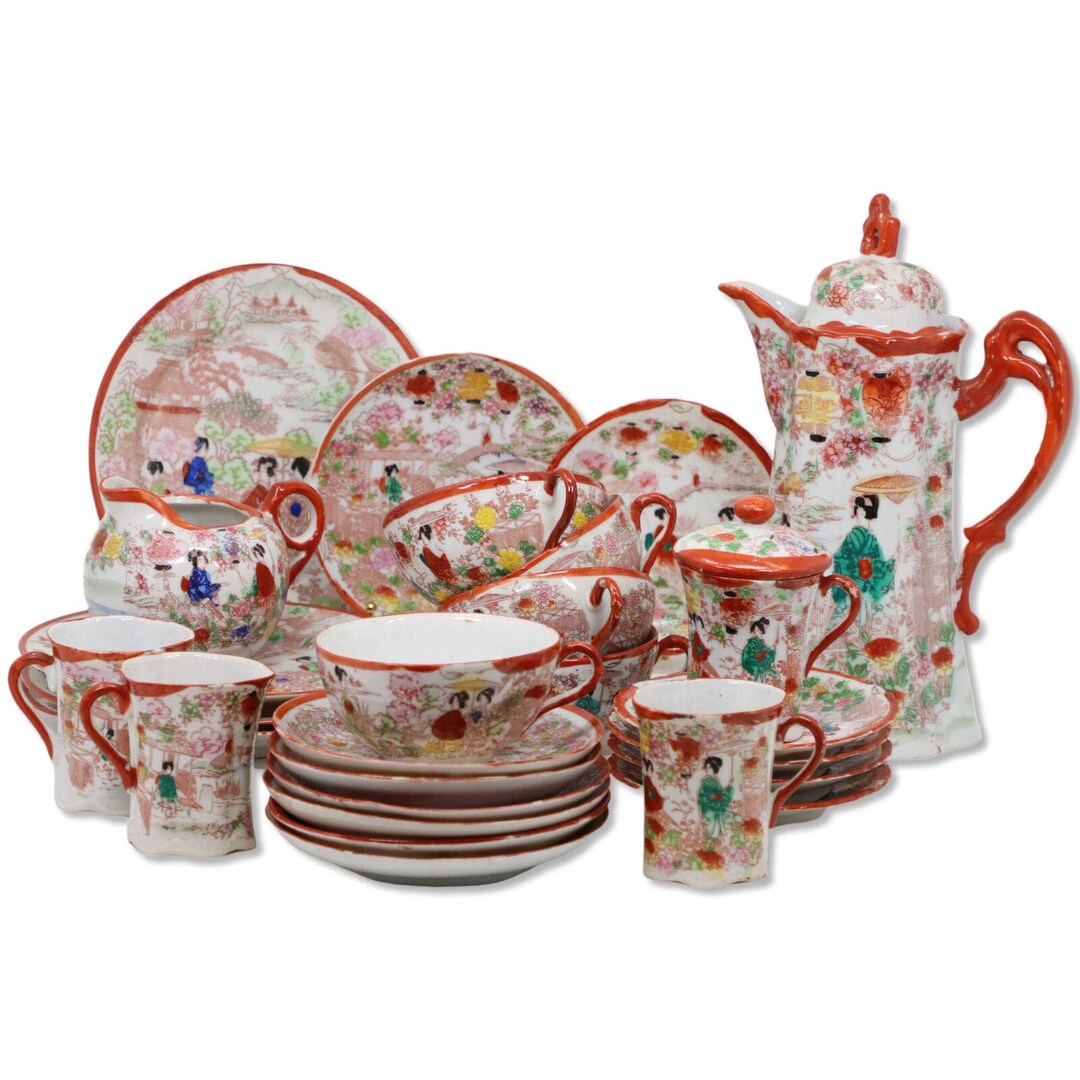 29pc Japanese Kutani Geisha Tea Pot Cups Demitasse Set Hand Painted ...