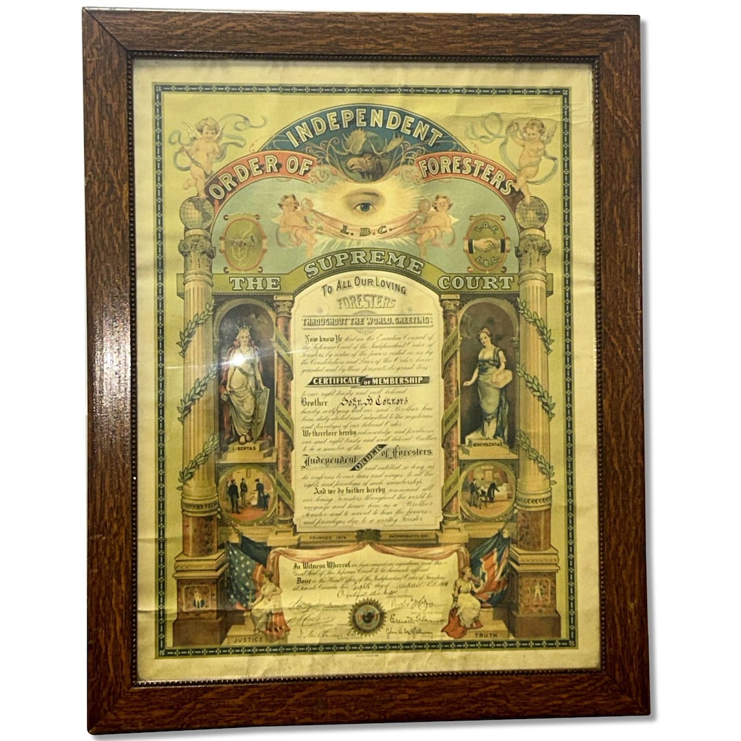 1901 Independent Order of Foresters Certificate of Membership Poster ...