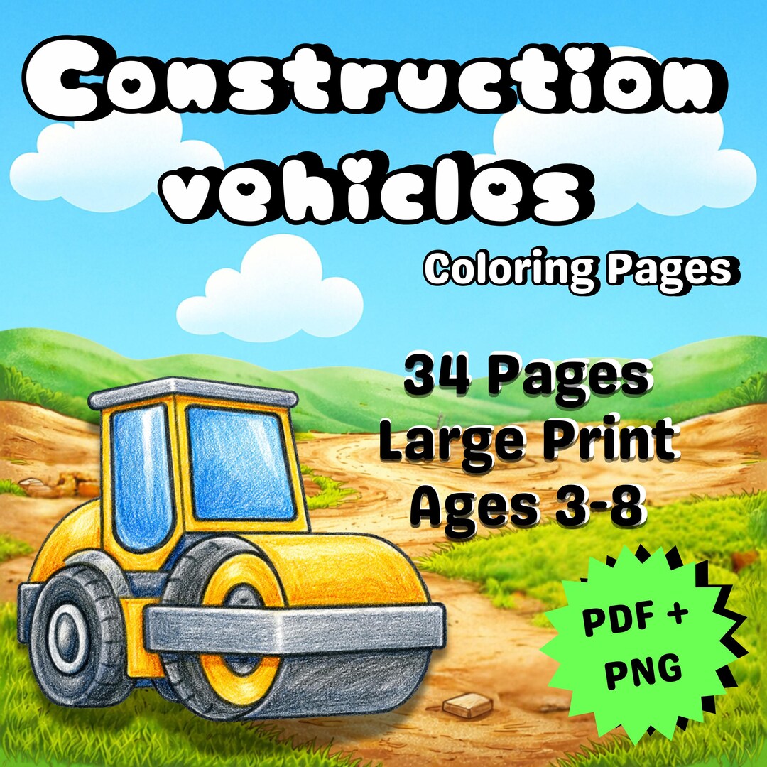 Construction Vehicles Coloring Book | Trucks & Diggers, 34 Pages (PDF ...