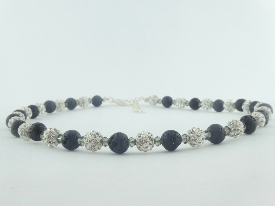 Chain Necklace Silver-black Lava Stone Rhinestone Minimalistic 8mm,lava ...