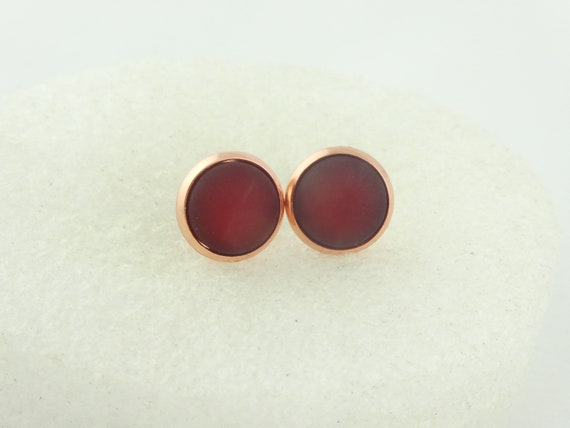 Cabochon Stud Earrings Rose Gold Red Dark Red Polaris Round Minimalist 10mm Stainless Steel Etsy Ireland