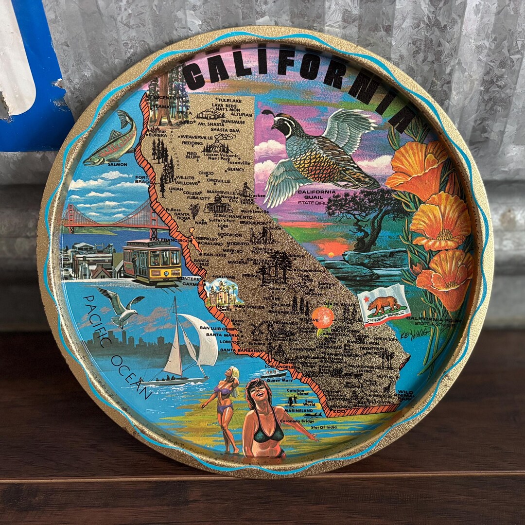 Vintage California Round Souvenir Tin Tray - Etsy
