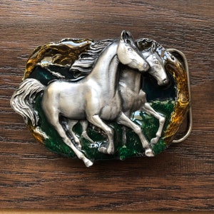 1983 Vintage Western Bergamot Brass Works INC 3D Running Horses Belt Buckle With Enamel Resin ...