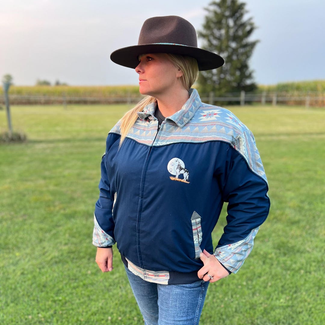 1991 Vintage Western Jacket With Embroidered Wolves and Aztec Print ...