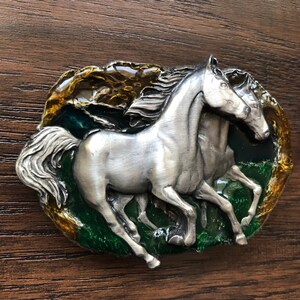 1983 Vintage Western Bergamot Brass Works INC 3D Running Horses Belt Buckle With Enamel Resin ...