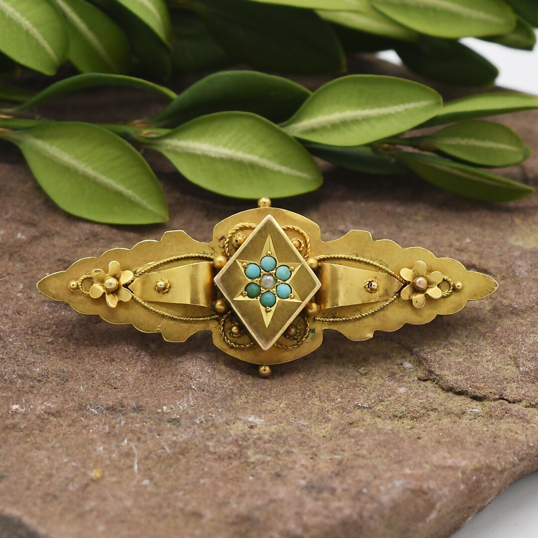 9ct Yellow Gold Antique Ornate Turquoise & Pearl Pin - Etsy