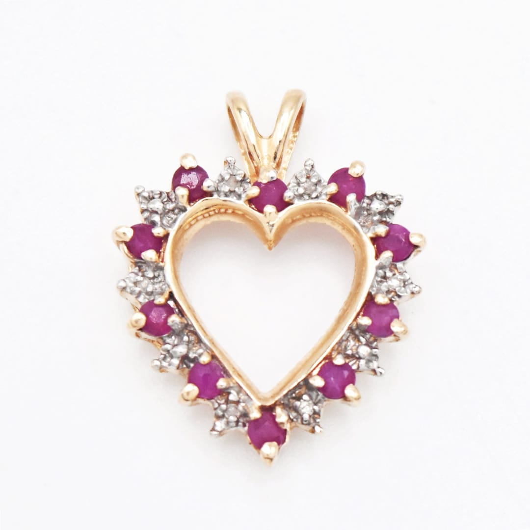 10k Yellow Gold Estate Ruby & Diamond Open Heart Pendant - Etsy