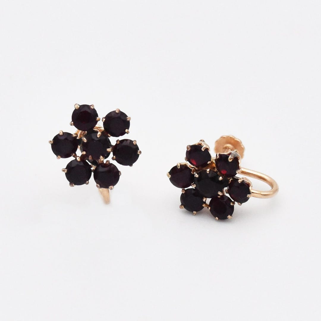 14k Yellow Gold Estate Garnet Gemstone Screw Back Earrings - Etsy