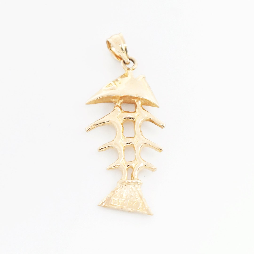 14k Yellow Gold Estate Textured Fish Bone Pendant - Etsy