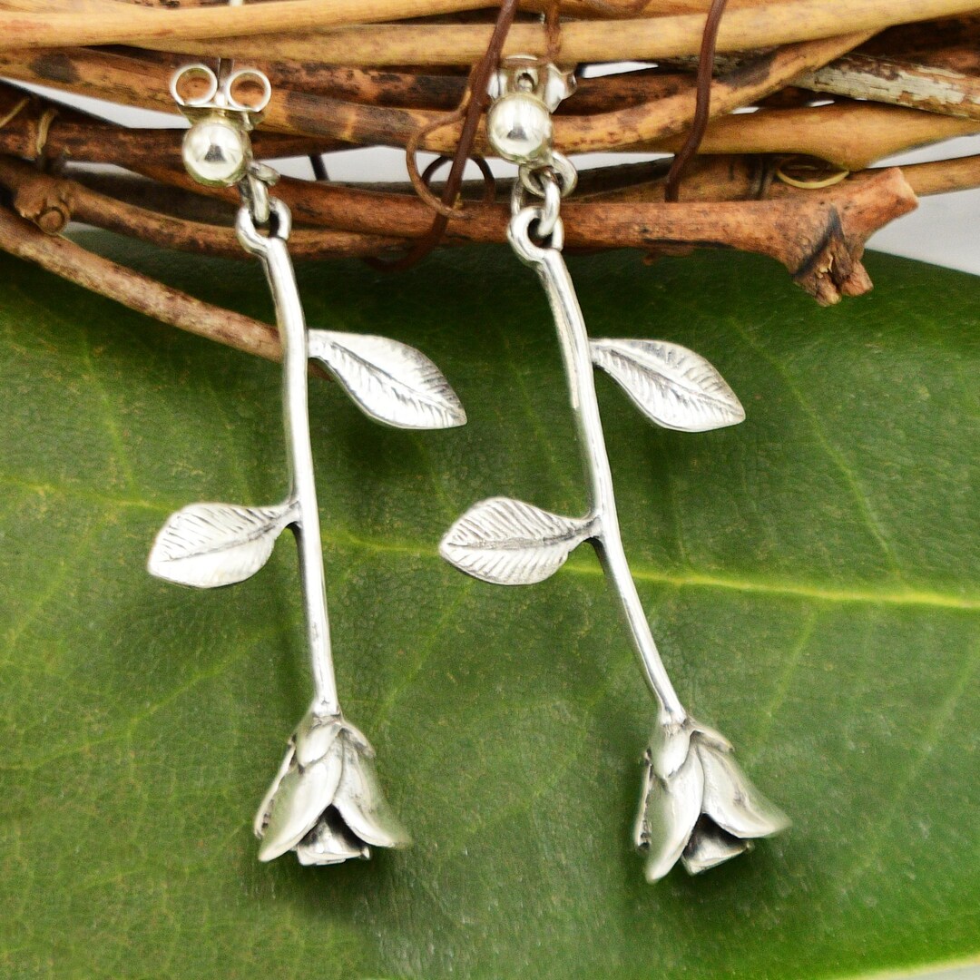 New Sterling 925 Long Stem Blooming Rose Flower Dangle/drop Earrings - Etsy